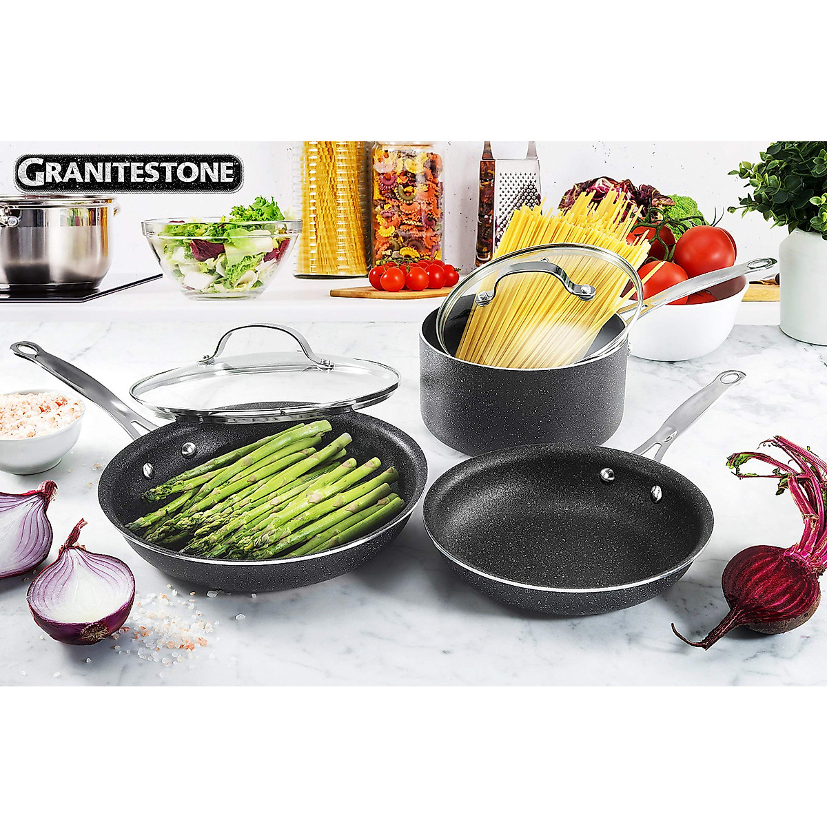 Granitestone Original 5-Piece Nonstick Cookware Set, Scratch-Resistant Pots and Pans, Granite-coated Anodized Aluminum, Dishwasher-Safe, PFOA-Free Kitchenware As Seen On TV