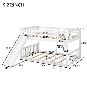 Floor Bunk Bed with Slide and Ladder, Full Over Full Bunk Beds for Kids, Kids Bunk Beds with Full-Length Guardrail and Salts, Wood Bunk Bed Full Over Full(White Full)