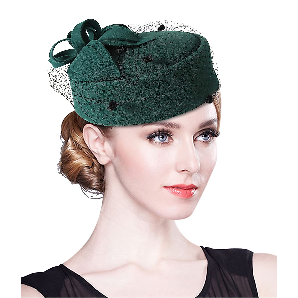 Z&X British Vintage Wool Felt Pillbox Hat Ladies Church Derby Winter Fascinator Hat Veil Flower Fedoras Green