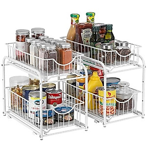 MOOACE 2 Pack Stackable 2 Tier Under Sink Cabinet Organizer with Sliding Storage Drawer, Pull Out Basket Organizer for Pantry, Under The Sink, Bathroom, Kitchen, White
