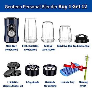 Personal Bullet Blender for Shakes and Smoothies, Genteen 650W Smoothie Blender & Single Serve Blender for Protein Shakes | 12 Pcs Personal Blender with 3 Speeds,24+17+10 oz Travel Bottles BPA Free (Blue)