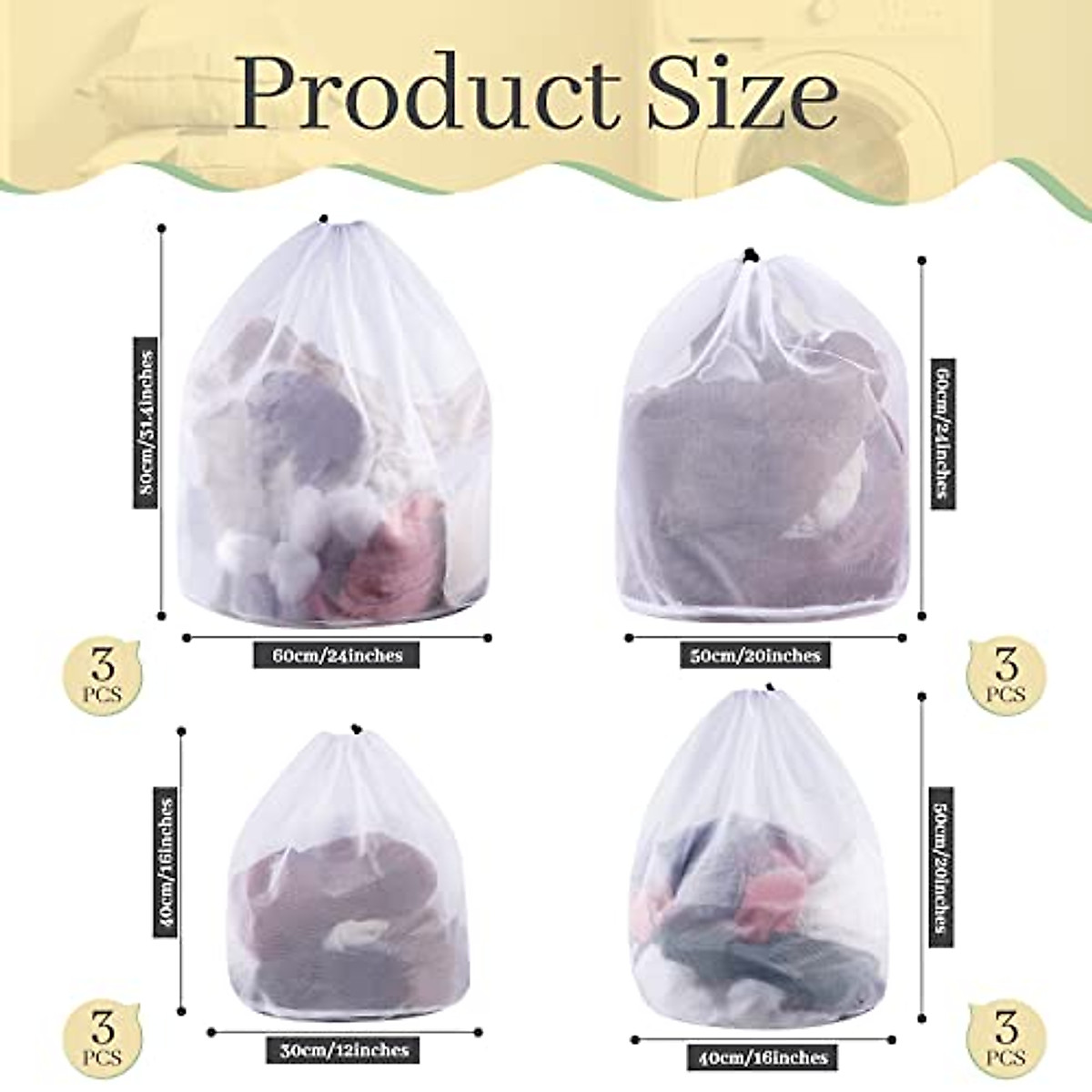 12 Pcs Mesh Laundry Bag with Drawstring White Heavy Duty Mesh Bag Machine Washable Sheet Drawstring Bag Net Wash Bag Laundry Washing Bag for Delicates College Dorm (Fine Style)