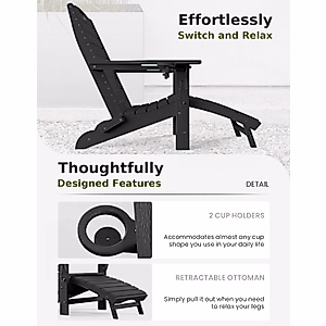 Ciokea Folding Adirondack Chair with Retractable Ottoman Fire Pit Patio Chair with Pull Out Foot Rest Weather Resistant Lawn Outdoor Lounge Chair with 2 Cup Holder (Black)