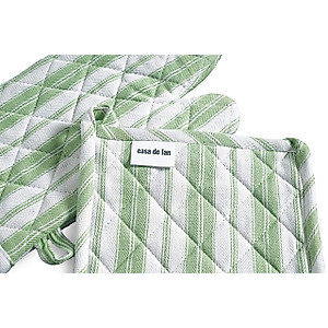 Oven Mitts & Potholder Set - Durable Heat Resistant Gloves - Thick Mittens for Kitchen - Suitable for Cooking, Baking, Grilling – BBQ - 2 Oven Mitts & 2 Potholders – Grass Green Stripes - Casa De Lan