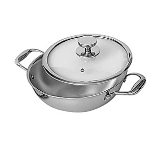 G and D Triply Stainless Steel Wok Pan With Glass Lid Tripple with Stainless Steel Deep Kadhai Cookware