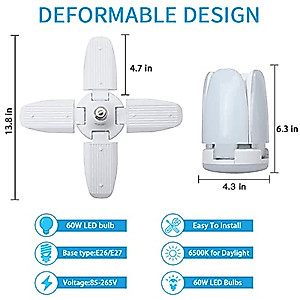 LED Garage Lights, 60W Workshop Lights Ceiling 6500K Deformable Lighting Fixture, E26/E27 Garage Light Bulb with 4 Adjustable Panels, Daylight White Basement Lighting for Shop, Pack of 2