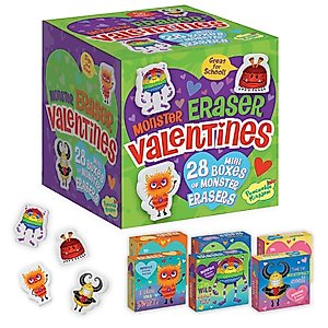 Peaceable Kingdom Valentines Cards for Kids Classroom, Set of 28 Valentines Day Gifts - Monster Erasers