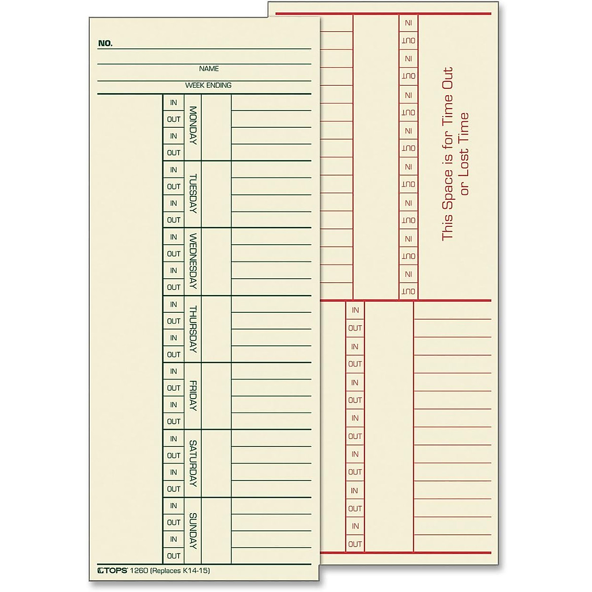 TOPS Time Cards, Weekly, 2-Sided, Named Days, 3-3/8" x 8-1/4", Manila, Green/Red Print, 500-Count (1260)
