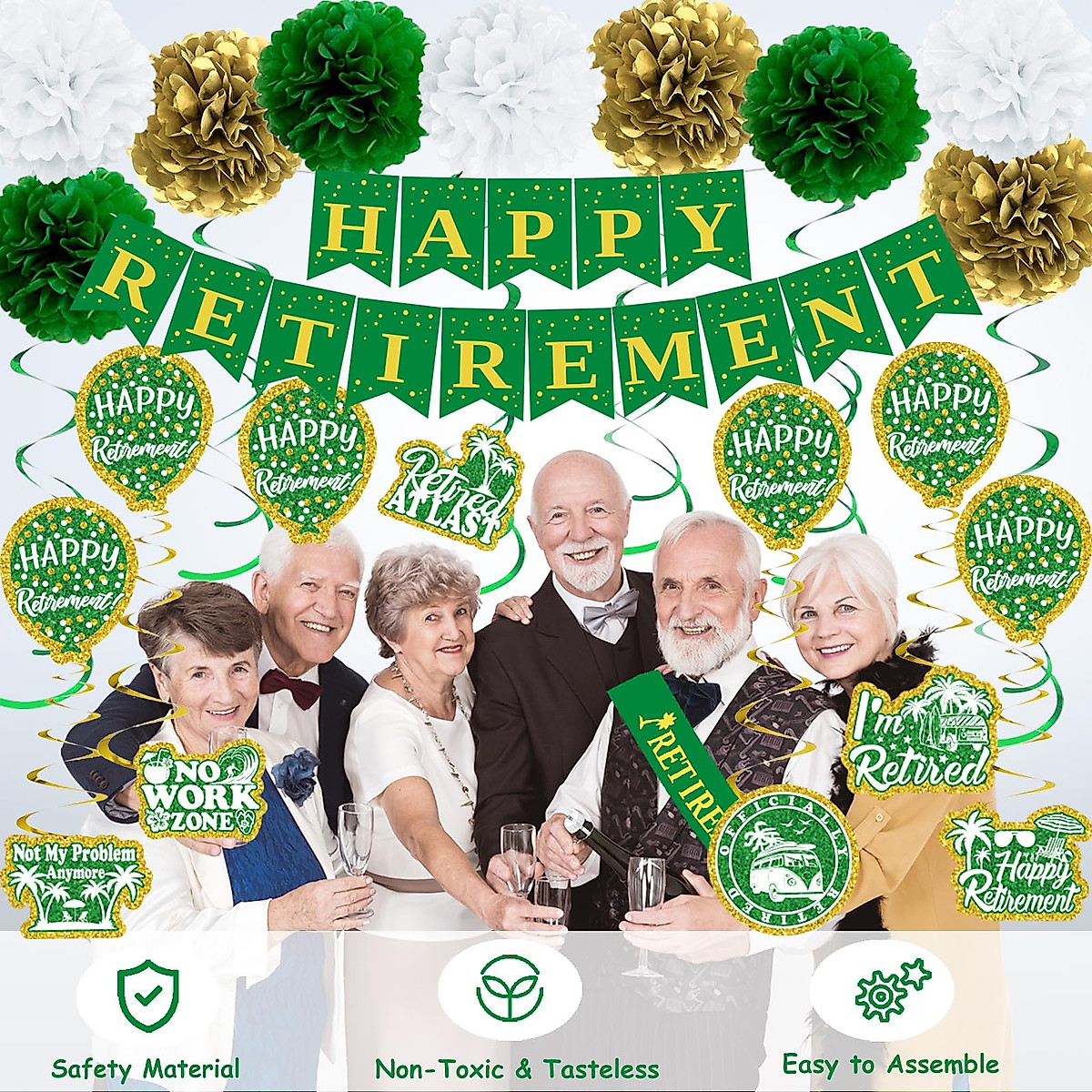 Retirement Decorations Green Gold Beach Theme Happy Retirement Party Decorations Men Women Happy Retirement Banner Gifts, Retirement Decor Double-Sided Pattern Card, Pompoms Hanging Swirl Retired Sash