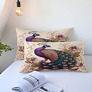 CCoutueChen Purple Peacock Duvet Cover Queen Size, Unique Exotic Animal Bedding Set Colorful Flower Bird Duvet Covers Set Boho Chic Bedding Set, with 2 Pillowcases（Girls Women Adult）