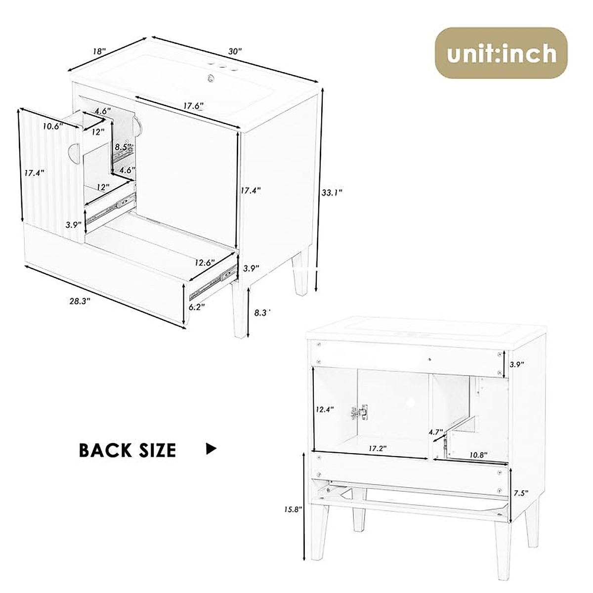 PONNYC 30" Bathroom Vanity with Sink, Freestanding Single Basin Vanity Set w/Doors and Drawer, Solid Frame and MDF Board,Modern Towel Storage Cabinet Grey Organizers for Bathroom,Bathroom Cabinet