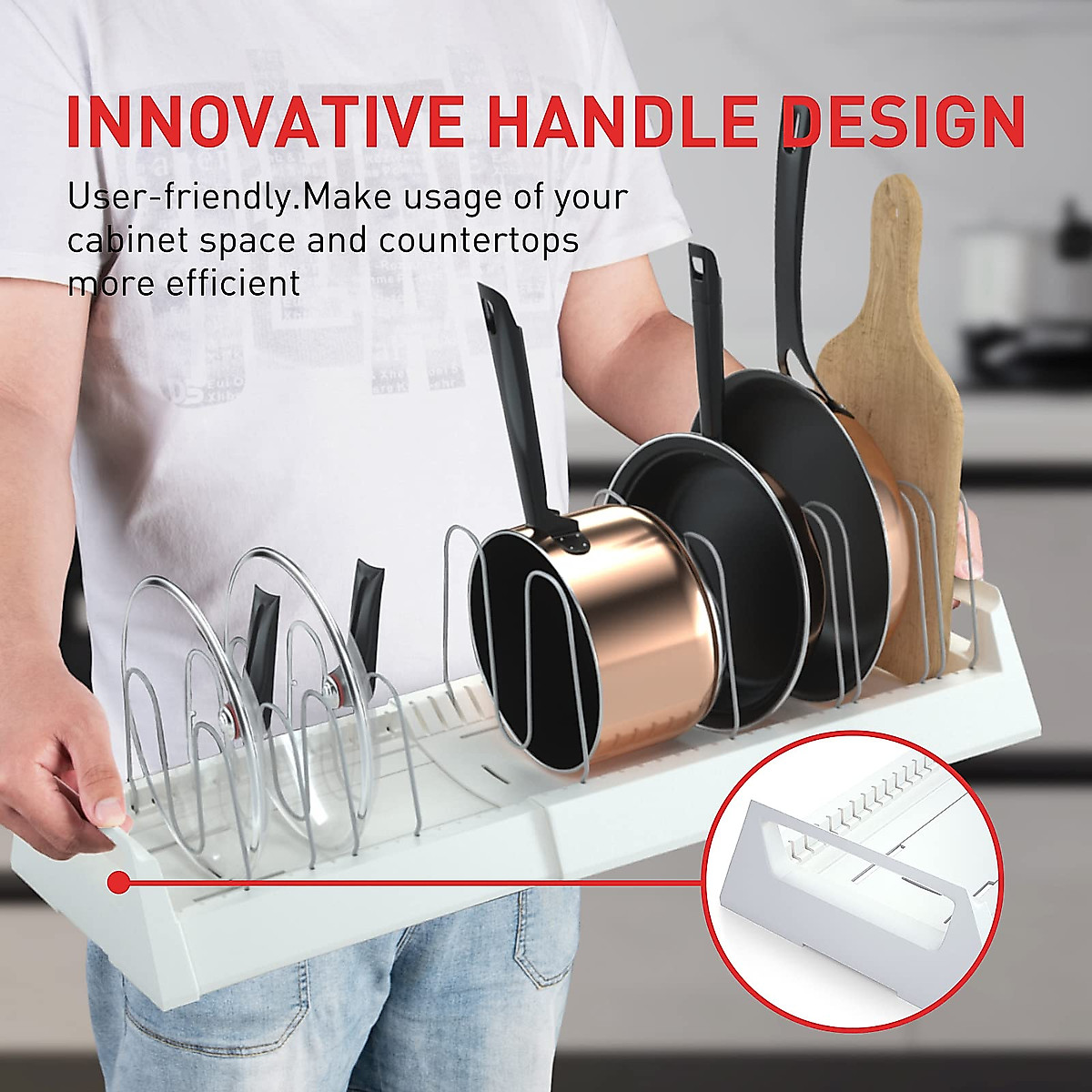 QTOP Expandable Pots and Pans Organizer, Pan Organizer Rack for Cabinet, with 10 Adjustable Compartments for Kitchen Cabinet Pot lid and Pan Cookware Baking Frying Rack,Bakeware Lid Plate Holder