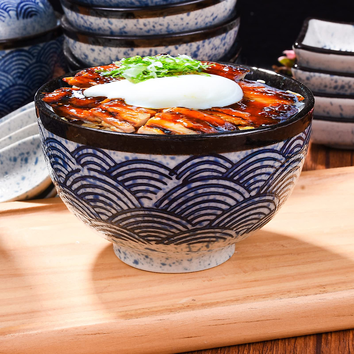 Cerficer Japanese Rice Bowl - 10.2oz Ceramic Sushi Bowl with Blue Wave Pattern,Thickened Bowl Wall,Perfect Small Bowl for Rice, Snacks, Desserts, and Sauces,Asian Rice Bowl Set