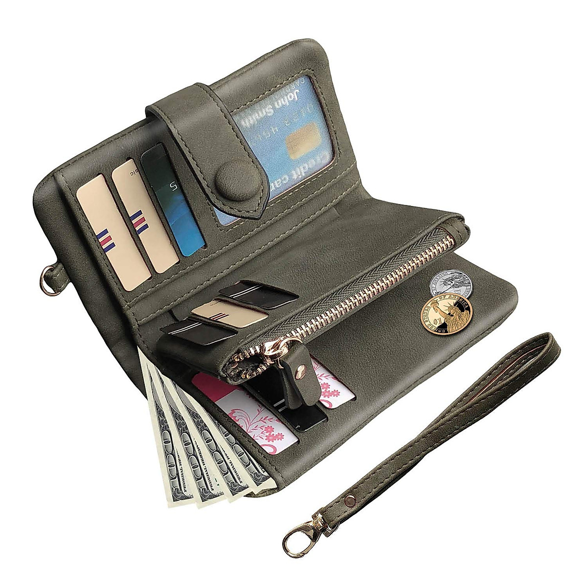 PofeeXIO Womens Small Bifold Leather Wallets Rfid Ladies Wristlet with Card slots id window Zipper Coin Purse (Army Green)