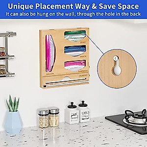 AITEE 2 in 1 Bag Storage and Foil Organizer, Plastic Wrap Dispenser with Cutter for Kitchen Drawer, Bamboo Wood Food Bag Storage Organizer for Gallon, Slider Quart, Sandwich and Snack