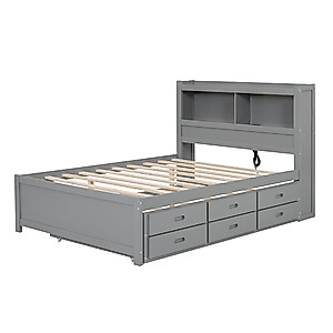 Harper & Bright Designs Full Size Bed with Bookcase Headboard, Wooden Full Size Platform Bed with Trundle and Storage Drawers,Full Storage Bed with USB Ports Outlets for Kids Girls Boys, Grey
