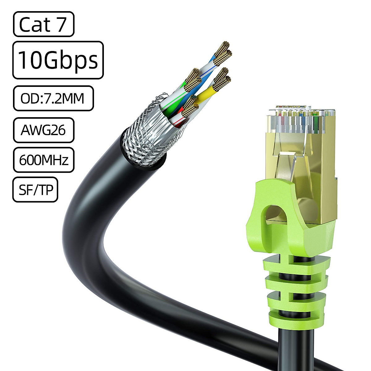 Outdoor Cat 7 Ethernet Cable 150ft, 26AWG Heavy-Duty Cat7 Networking Cord Patch Cable RJ45 Transmission Speed 10GbpsTransmission Bandwidth 600Mhz LAN Wire Cable SFTP Waterproof Direct Burial