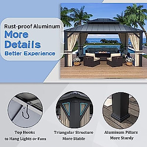 ALAULM 12' x 14' Hardtop Gazebo, Outdoor Patio Aluminum Gazebo with Aluminum Double Roof, Permanent Pavilion w/Curtains and Netting for Backyard, Patio, Deck, Garden-Sand