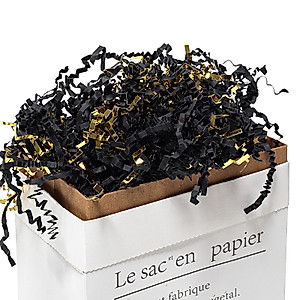 Mcfleet 1 LB Crinkle Cut Paper Shred Filler Black & Gold Crinkle Paper Shredded Paper for Gift Box - Gift Basket Filler - Gift Box Stuffing for Christmas, Halloween Packaging Wrapping