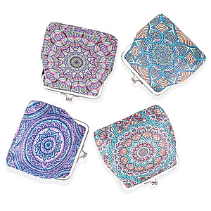 Oyachic 4 Pcs Mandala Coin Purses,PU Leather Change Purse,Vintage Wallets with Clasp Kiss-lock,Cute,Small Clutch Pouch for Woman Girls
