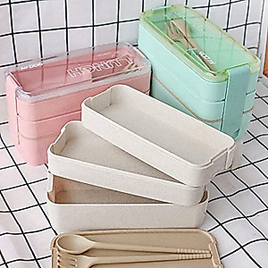 MOAMUN 2PCS Stackable Bento Box, 3-In-1 Bento Lunch Box with Spoon and Fork, Japanese Lunch Box with 2PCS Mini Condiment Squeeze Bottles, Meal Prep Containers for Kids and Adults (Green+Beige)