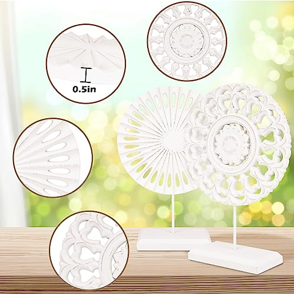 AXEARTE Wooden Carved Cutout Sector Medallion Sculpture 2 Pack, Rustic Distressed White MDF Statues Home Tabletop Decor, Decorative Ornaments for Living Room, Bedroom, Office Desktop, Cabinets