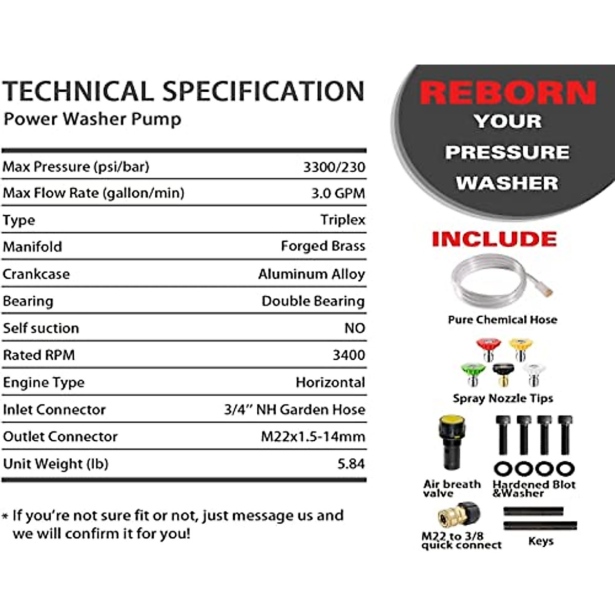 YAMATIC Horizontal Triplex Pressure Washer Pump 3/4" Shaft 3300 PSI @ 3.0 GPM 5.5-8 HP Replacement for Most Brand Honda Simpson 90036 90039 and More