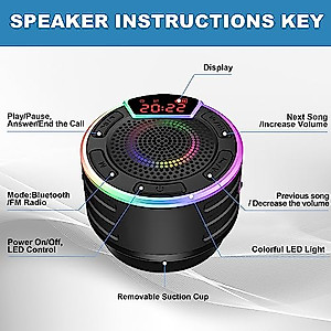 BassPal Bluetooth Speakers, IPX7 Waterproof Shower Speaker, Portable Speaker with LED Display, FM Radio, Suction Cup, Light Show, Built-in Mic, Best Gifts for Pool Beach Home Party Travel Outdoors