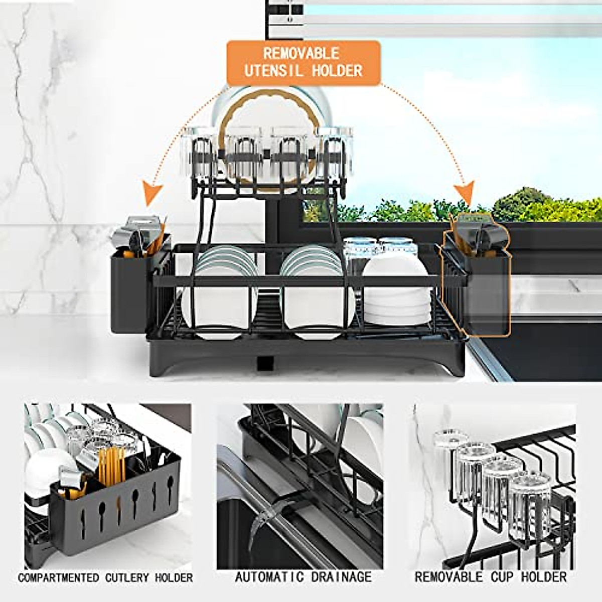 B BEAUTYBABY 2 Tier Dish Drying Rack with Drainboard Dish Racks for Kitchen Counter Dish Drainers Set with Utensils Holder Auto-Drainage Large Capacity Stainless Steel Dish Rack Detachable