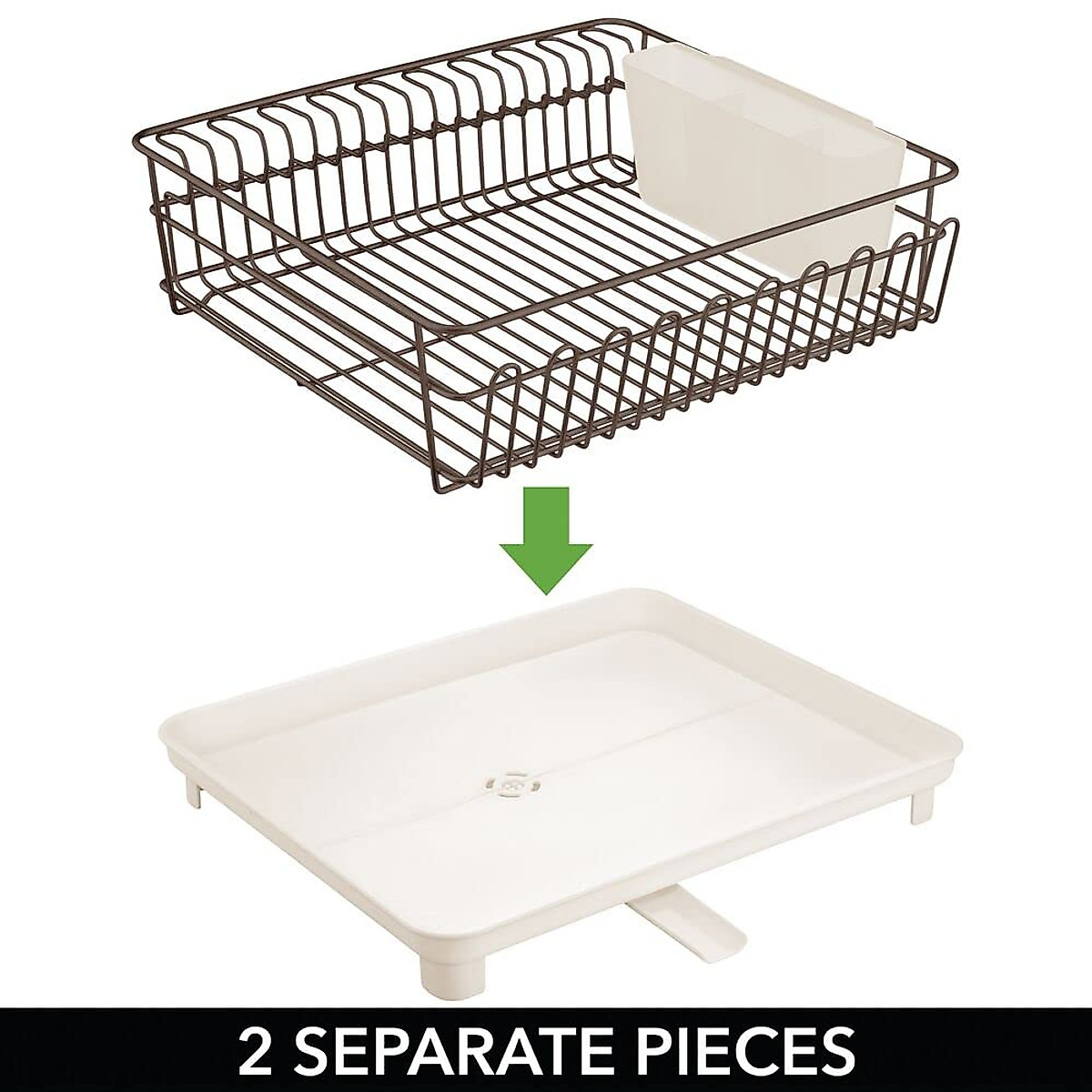 mDesign Metal Wire Kitchen Countertop, Sink Dish Drying Rack - Removable Plastic Cutlery Tray, Drainboard with Adjustable Swivel Spout - 3 Pieces - Bronze/Cream