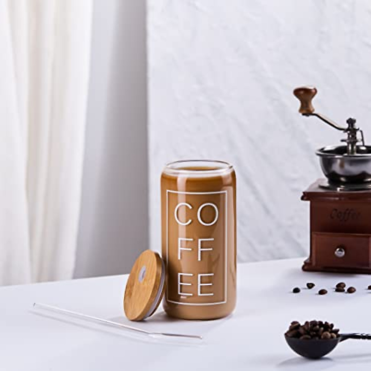 KAUND Ice Coffee Cup with Bamboo Lids and Glass Straw,16oz Sublimation Boho Printed Beer Can Glasses,Ideal for Cocktails,Whiskey,Beer,Soda and Gifts(C04-smiley faces)