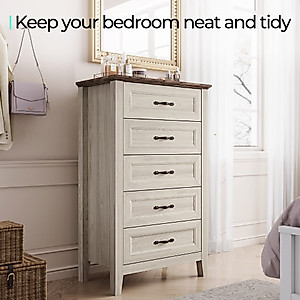 LINSY HOME Beige Dresser for Bedroom, 5 Drawer Dresser with Metal Handles, Chest of Drawers, Tall Dresser for Living Room, Entryway, and Closet