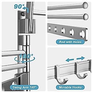 SKIKEN Wall-Mounted Laundry Drying Rack, 2 Swivel Rods with 6 Holes, Folding Organizer Rack for Laundry Room, Bathroom, Swivel Towel Rack/Drying Organizer, 5 Movable Hooks, Aluminum (Silver, 15.8")