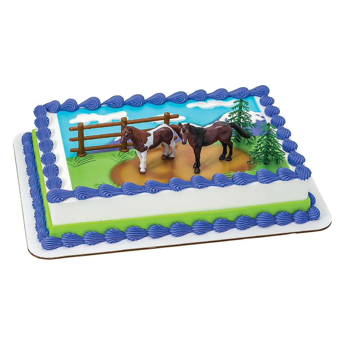 DecoSet® Horses Cake Topper, 5-Piece Topper Set Cake Decoration with 2 Horses, Fence, and Trees, Ready to Use For Equine-Themed Birthday, Celebration, Food Safe