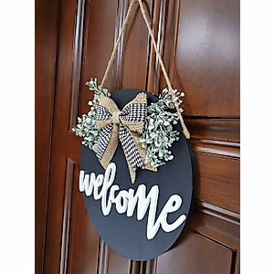 Welcome Sign Porch Decor, Rustic Wooden Door Hangers Front Door Outdoor Hanging Vertical Sign (Black)