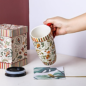 Topadorn 17 oz Tall Ceramic Travel Mugs Coffee Cup with Sealed Lid and Handle,Flower