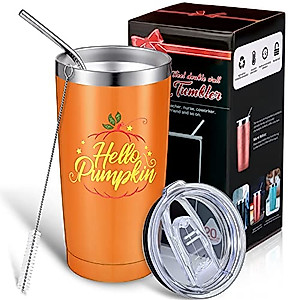 Hello Pumpkin Mug Travel Tumbler, Novelty Pumpkin Mug for Halloween Thanksgiving Harvest Festival, Cute Autumn Kitchen Decor, 20 oz Vacuum Insulated Mug Tumbler with Straw Lid and Brush