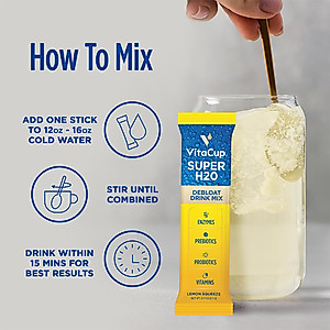 VitaCup Super H2O Bloating Relief and Digestive Health Drink Mix Packets, Probiotics, Prebiotics, C & B Vitamins, Lemon Flavor Water Enhancer Packets, 16 ct