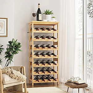28-Bottle Wine Rack Free Standing Floor, Solid Wood 7-Tier Display Wine Storage Shelves with Tabletop, Wobble-Free Bottle Holder for Cellar Kitchen Bar Dining Room Living Room, Oak