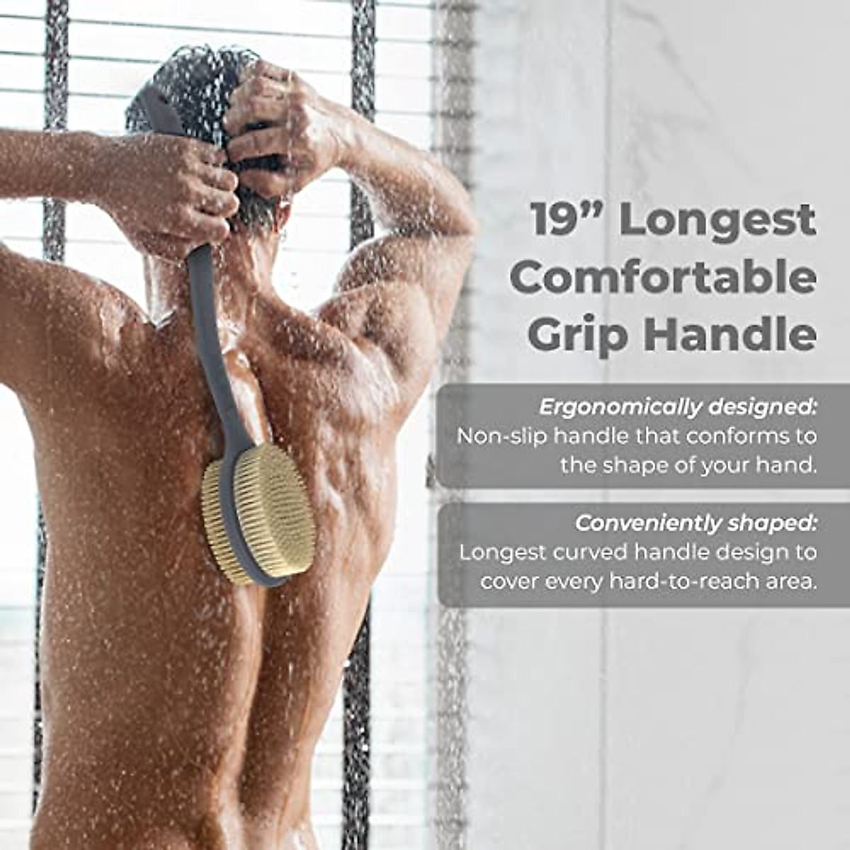 Avilana Shower Body Brush with Long Curved Handle, Long Silicone Handle Back Scrubber With Dual-Sided Long Handle Bath Shower Brush with Soft and Stiff Bristles (Long Handle-Dark Gray)
