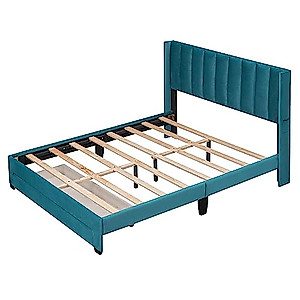 OTRIEK Queen Size Velvet Upholstered Platform Bed Frames with Large Storage Drawer, Mid-Century Modern Royal Platform Bed with Headboard, Sturdy Wood Slat Support for Bedroom Boys Girls (Blue)