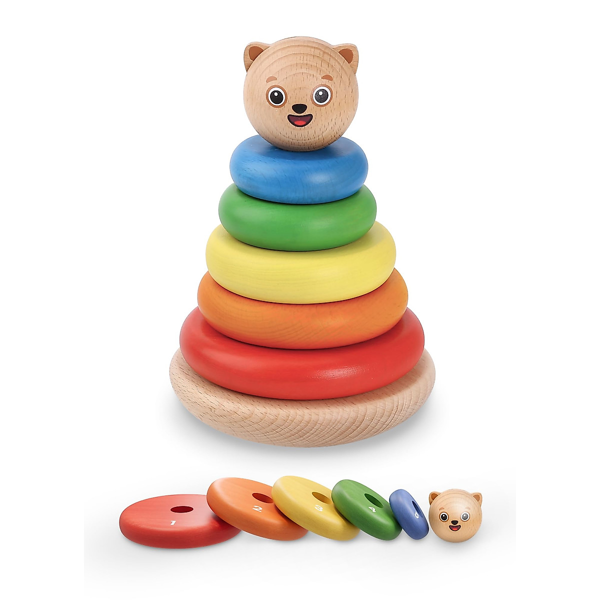 Bimi Boo Wooden Rainbow Stacking Rings for Toddlers - Ring Stacker Baby Toy with Roly-Poly Base - Montessori Early Counting Toy, Size Recognition Learning Activity - Ideal Baby Gift (5 Rings)