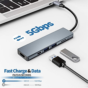 USB C Hub Type C 6 in 1 Hub to 4K HDMI Output, 2 USB3.0 Ports,SD/TF Card Reader with PD2.0 Charge
