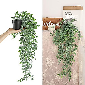 JPSOR Fake Hanging Plants, 2 Pack Artificial Fake Potted Greenery Faux Eucalyptus Mandala Vine in Pot for Home Wall Shelf Indoor Outdoor Decor