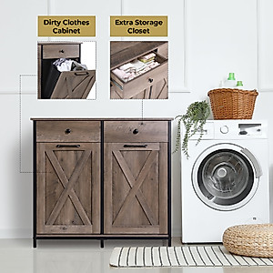 Arlopu Double Tilt Out Trash Cabinet, 20 Gallon Pet Proof Kitchen Pull Out Recycle Cabinet, Freestanding Wooden Laundry Sorter Cabinet, W/Drawer, Barn Door, for Home, Living Room, (Greige)