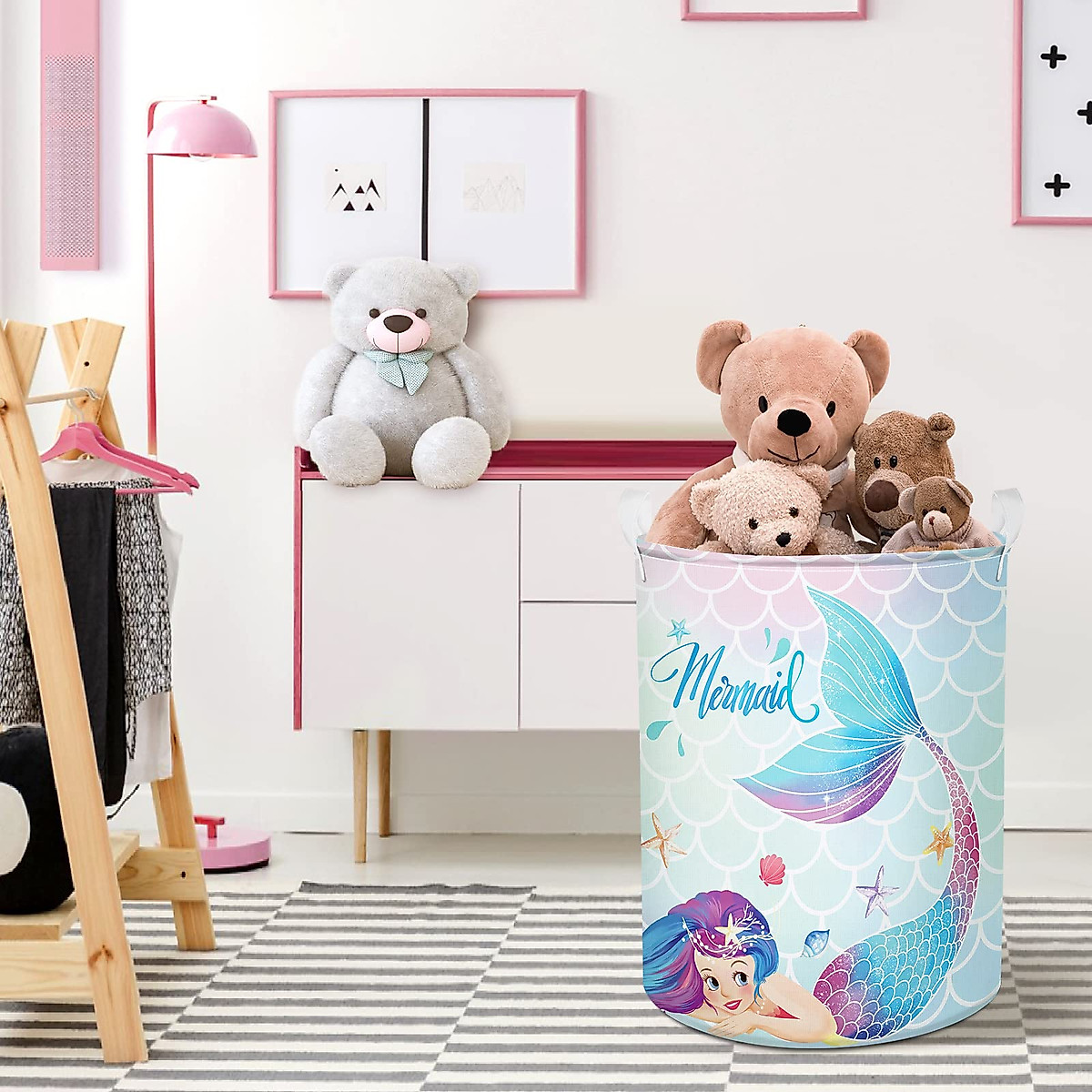 Clastyle 45L Colorful Mermaid Blue Girls Laundry Hamper Starfish Seashells Round Toy Clothes Storage Basket for Kids Room, 14.2x17.7 in