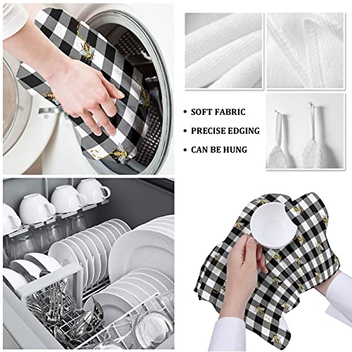 MUSEDAY Kitchen Towels Set Minimalist Black White Buffalo Check Plaid Cute Bee Absorbent Dish Towels Dish Cloths for Drying Kitchen Hand Towels Decorative Tea Towels