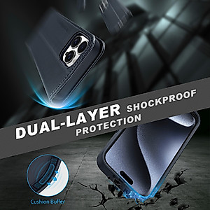 SHIELDON Case for iPhone 15 Pro 5G, Genuine Leather Detachable 2 in 1 Wallet Kickstand RFID Blocking Card Holder Magnetic Shockproof Wireless Charging Case Compatible with iPhone 15 Pro - Navy Blue