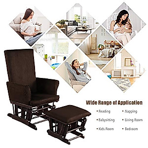 Costzon Baby Glider and Ottoman Cushion Set, Wood Baby Rocker Nursery Furniture for Napping, Nursing, Reading, Upholstered Hoop Glider & Ottoman Comfort Nursery Chair w/Padded Armrests (Brown)
