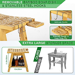 ETECHMART Bamboo Shower Bench Seat, A-Shaped Bath Spa Stool with Storage Shelf for Legs Shaving Inside Shower or Bathroom, Waterproof Wooden Shower Chair for Seniors Adults Disabled Elderly, Bamboo